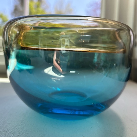 Art | Vintage Glass Bowl Handblown Folded Edge Blue Yellow Art Glass ...
